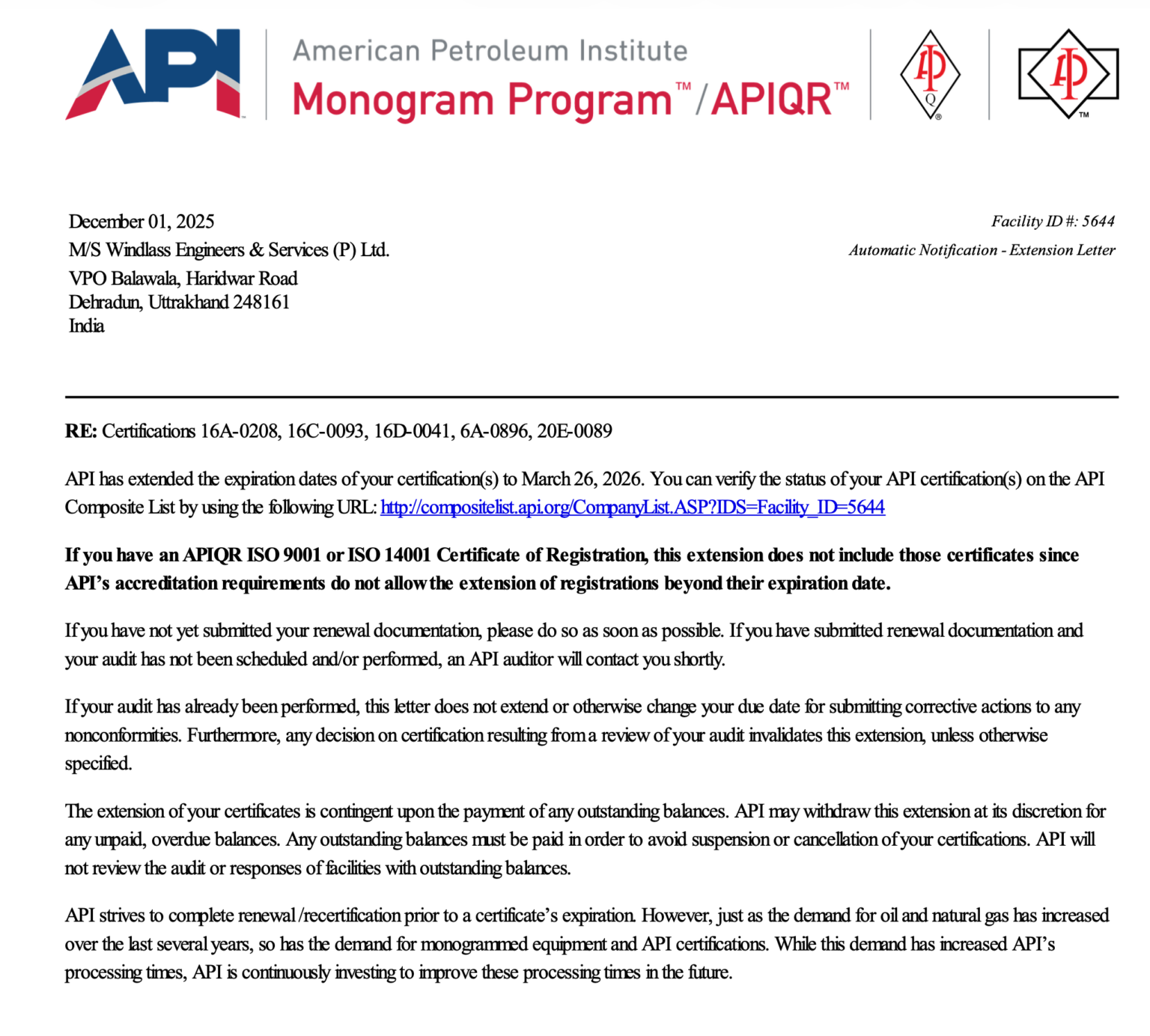 API Extension Notice - Windlass Engineers